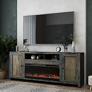 Bridgevine Home Rustic Joshua Creek Fireplace TV Stand Entertainment Center, Accommodates TVs up to 95 Inches, Fully Assembled Knotty Alder Solid Wood, 83 Inches, Barnwood Finish