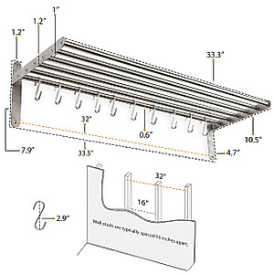 Wallniture Lyon Kitchen Organization and Storage Rack, Stainless Steel Metal Wall Shelf with 10 S Hooks for Hanging Pots and Pans, Chrome