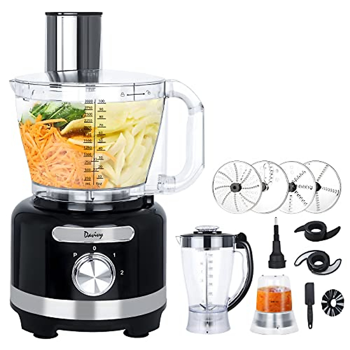 Davivy 16-Cup Food Processor Grinder Blender Combo,10-in-1 Multi-function Food Chopper with 60oz Blender 8.5oz Wet Grinder,600W with 2 Speeds Plus Pulse,Cheese Grating,Meat Chopping,Emulsifying, Shredding, Slicing, Mashing, Mixing, Doughing,3.8L Processor