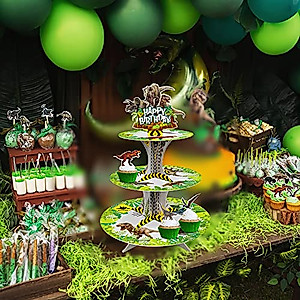 Dinosaur Cupcake Toppers 24Pcs and Dinosaur Cupcake Stand Jurassic Birthday Party Supplies Set for Kids Boys Dinosaur Theme Birthday Party Decorations 3 Tier Dino Cardboard Cupcake Stand Topper