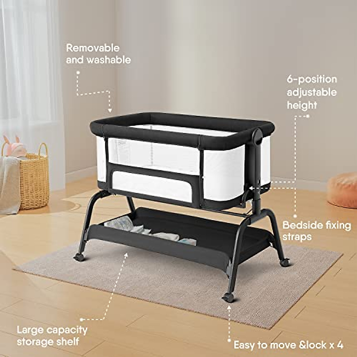 BabyBond Baby Bassinet, 3 in 1 Bassinet Bedside Sleeper with Soft Mattress and Sheet, 6 Height Adjustable Cosleeper Bedside Crib, 4-Sided Mesh Bedside Bassinet for Baby