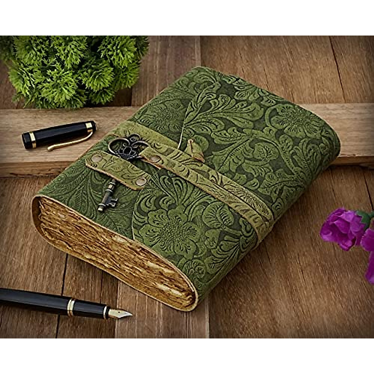 Leather Journal - Antique Handmade Deckle Edge Vintage Paper Leather Bound Journal - Book of Shadows Journal - Leather Sketchbook - Drawing Journal - Great Gift ( Green )