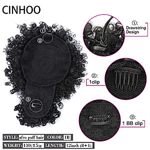 CINHOO Curly Ponytail Wigs for Black Women Hair Balls for Girls Natural Hair Wig Afro High Puff Bun Hair Pieces for Women Synthetic Drawstring Ponytail Extension for Black Women Pontail with Bangs