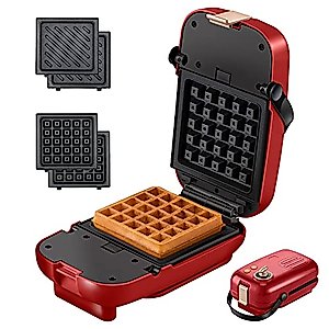 Auertech Sandwich Waffle Maker, 650W 2 in 1 Portable Mini Sandwich Maker Panini Press Grill with, Indicator Lights, Cool Touch Handle, Detachable Non-stick Plates, 0-15 Mins Adjustable Timer (Red)