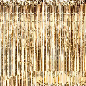 Dazzle Bright Backdrop Curtain, 3FT x 8FT Metallic Tinsel Foil Fringe Curtains Photo Booth Background for Baby Shower Party Birthday Wedding Engagement Bridal Shower (2, Champagne Gold)