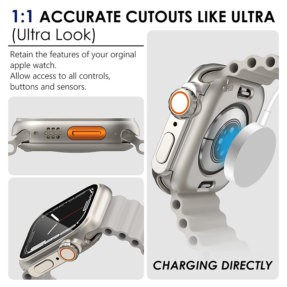 Fullife - Ultra Look - 2 in 1 Compatible with Waterproof Apple Watch Case 44mm Series 6 5 4 SE with Tempered Glass Screen Protector, iWatch 360 Protective Hard PC Bumper for Men Women, 44mm Titanium