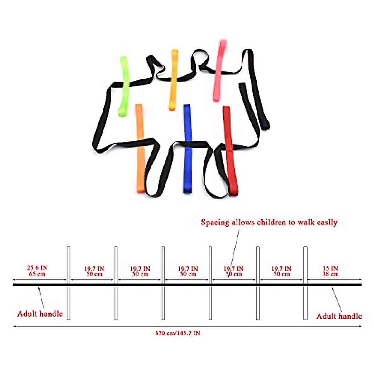Children's Safety Walking Rope for Preschool Child Daycare Kids Outdoor Toddlers Walking Rope - 6 Colorful Waist Belt Rope 1"Wx146''L (6 Loops) (Black)