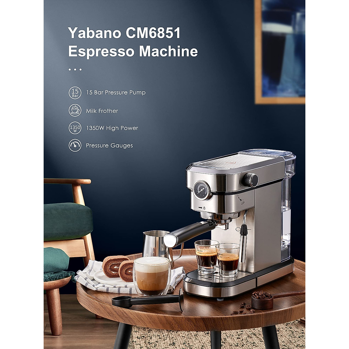 Yabano Espresso Machine, 15 Bar Fast Heating Espresso Coffee machine with Milk Frother Wand for Cappuccino, Large Water Tank, 1350W Automatic Espresso Latte Maker for Home