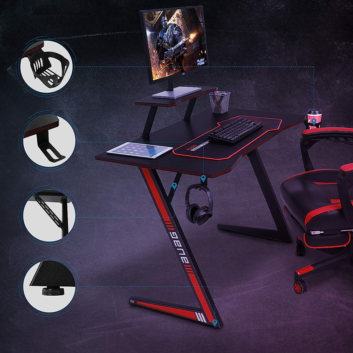 AuAg 44 inch Gaming Desk with Monitor Stand, Racing Style Home Computer Pc Table, Z-Shaped Gamer Game Work-Station with Cup Holder and Headphone Hook (44 inch)