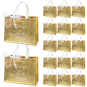 CHENGU 50 Pcs Thank You Gift Bags Thank You for Celebrating with Us Wedding Gift Bag Welcome Bag Birthday Glossy Tote Ribbon Reusable Bag for Hotel Guest Bachelorette Party Bridal Shower(Gold)