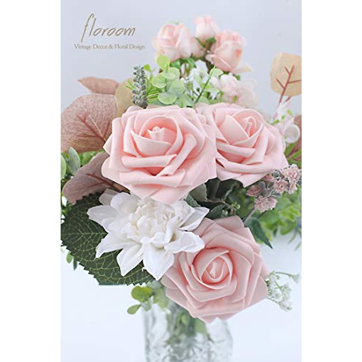 floroom Artificial Flowers 25pcs Real Looking Blush Foam Fake Roses with Stems for DIY Wedding Bouquets Bridal Shower Centerpieces Party Decorations