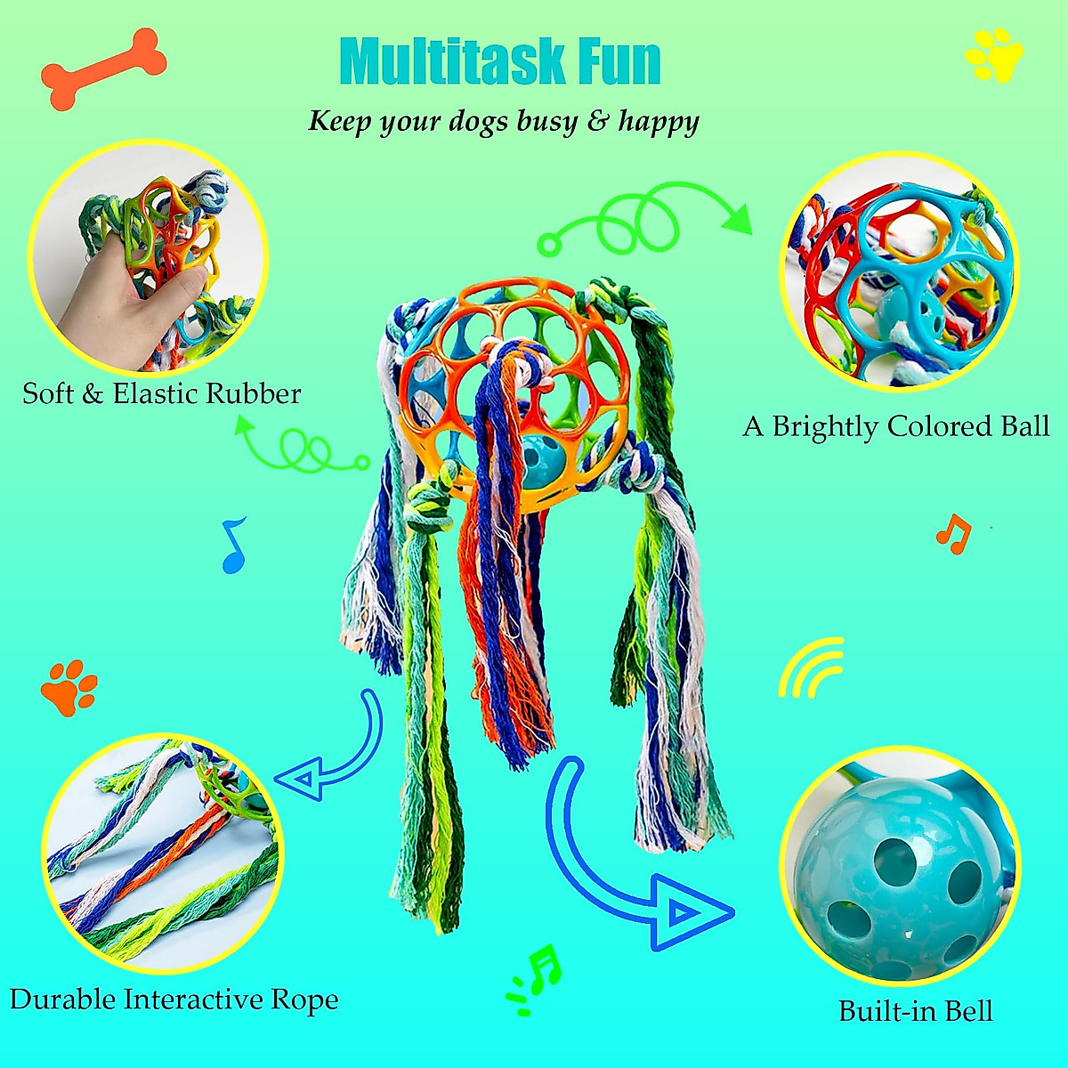 DogieLyn Dog Rope Toys with Squeaky Ball,Durable Bell Balls on Rope, 6 Colorful Strap Tug of War Dog Toy,Interactive Pet Indoor Outdoor Fetch Training Chew Toy for Small Medium Dogs