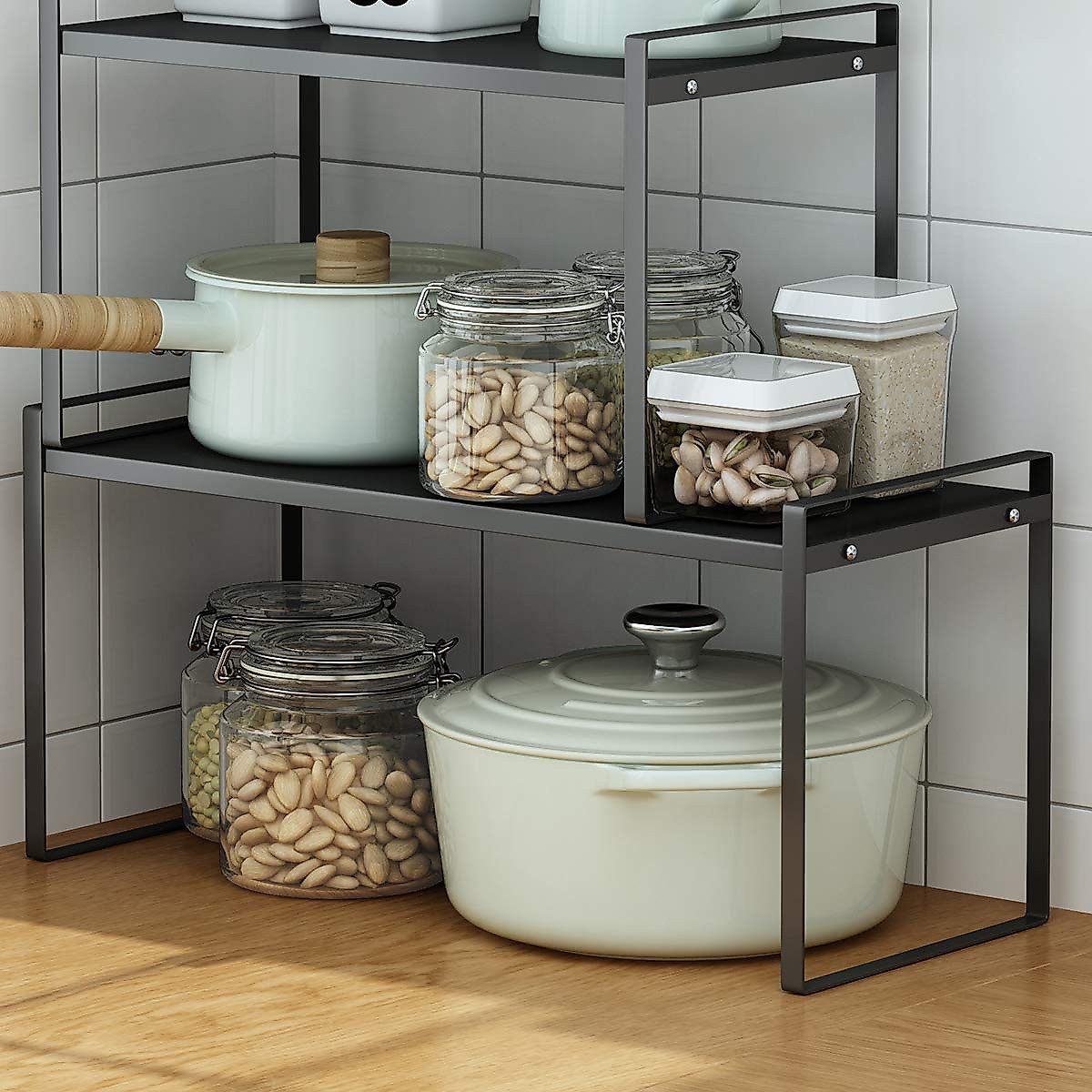 ideaglass Countertop Organizer, Cupboard Stand Spice Rack, 16" Cabinet Pantry Shelf, Organization and Storage for Kitchen Bathroom, Metal Plate Milky White