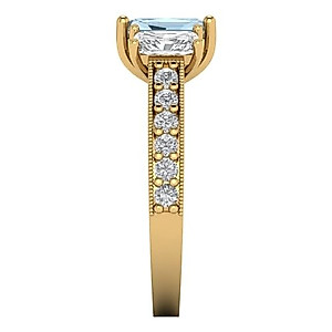 Clara Pucci 1.82 ct Emerald Cut Solitaire 3 stone Blue Simulated Diamond Engagement Promise Anniversary Bridal Ring 18K Yellow Gold 6.5