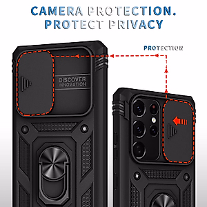 PASNEW for Samsung Galaxy S21 Ultra Case,360° Metal Ring Kickstand & Camera Cover Slide & Charge Port Dust Plug,Military Heavy Duty Full Body Shockproof Hard Shell for S21Ultra,6.8 inch,Black