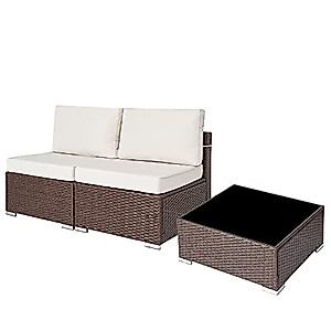 SUNVIVI OUTDOOR 3 Piece Patio Furniture Set All Weather Brown Wicker Outdoor Patio Sectional Sofa Couch with Beige Cushions, 2 Single Chairs, 1 Table with a Tempered Glass Top