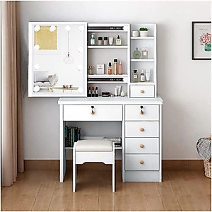 Saicheng White Makeup Vanity Set with Sliding Lighted Mirror ,Dressing Table with 5 Storage Drawers Shelves , Dresser Desk & Cushioned Stool Set for Bedroom