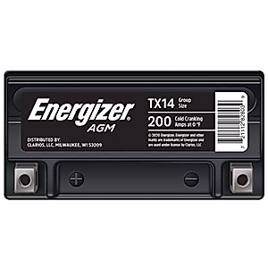 Energizer TX14 AGM Motorcycle and Atv 12V Battery, 200 Cold Cranking Amps and 12 Ahr. Replaces: YTX14-BS and others