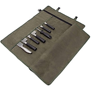 QEES Chef’s Knife Roll Bag,Waxed Canvas Chef Knife Bag,Portable 10 Slots Chef Knife Case Plus 1 Zipper Pockets Hold Home Kitchen Knife Tools Up To 18.8”,Heavy Duty Knife Bags For Chefs