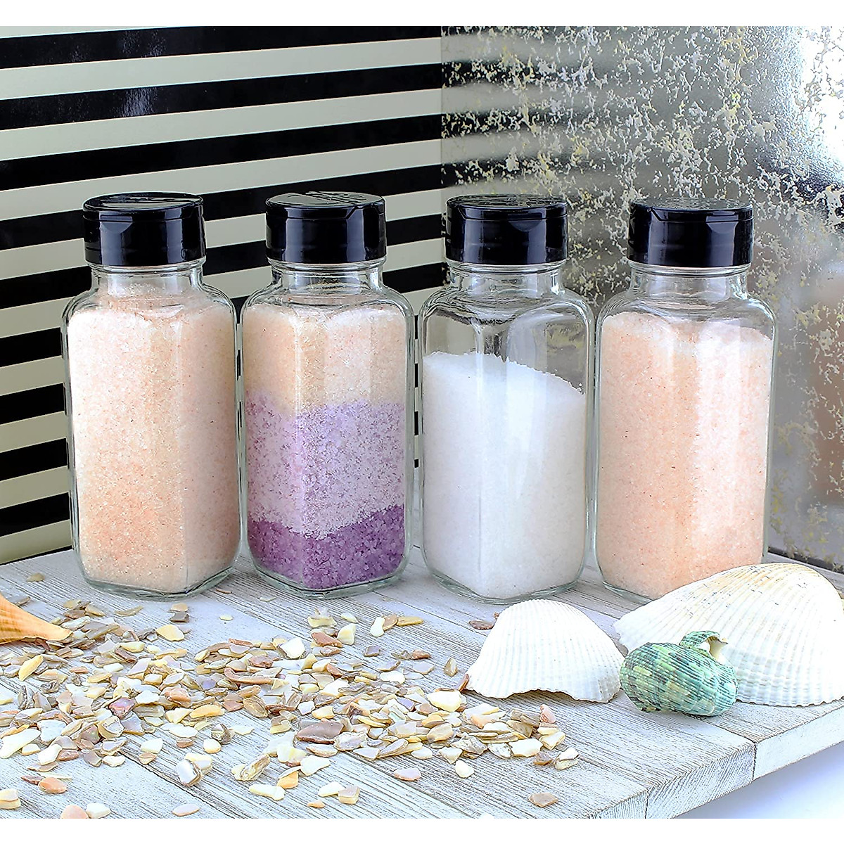 French Square Spice Jars, Spice Shaker/Pourer with Lid (4 Pack); 1-Cup / 8 Fluid Ounce Capacity, Great for Spices, Herbs, Seasonings and More