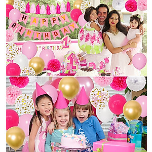 Amandir Hot Pink Birthday Party Decorations, Pink Gold White Confetti Latex Metallic Balloons with Happy Birthday Banner Paper Pom Poms Tassels Mother's Day Birthday Party Supplies for Mom Women Girls