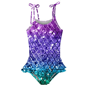 Lovekider Girl One Piece Bathing Suit Ruffle Off Shoulder Swimsuit Purple Mermaid Scales Cute Print Summer Bikini Swimwear 8-9 Years