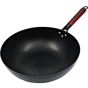 welsteepse Steel Wok Pan, Stir Fry Wok, Carbon Steel Wok, No Chemical Coating, Flat Bottom Chinese Wok Pan for All Stoves - 13in (Black),