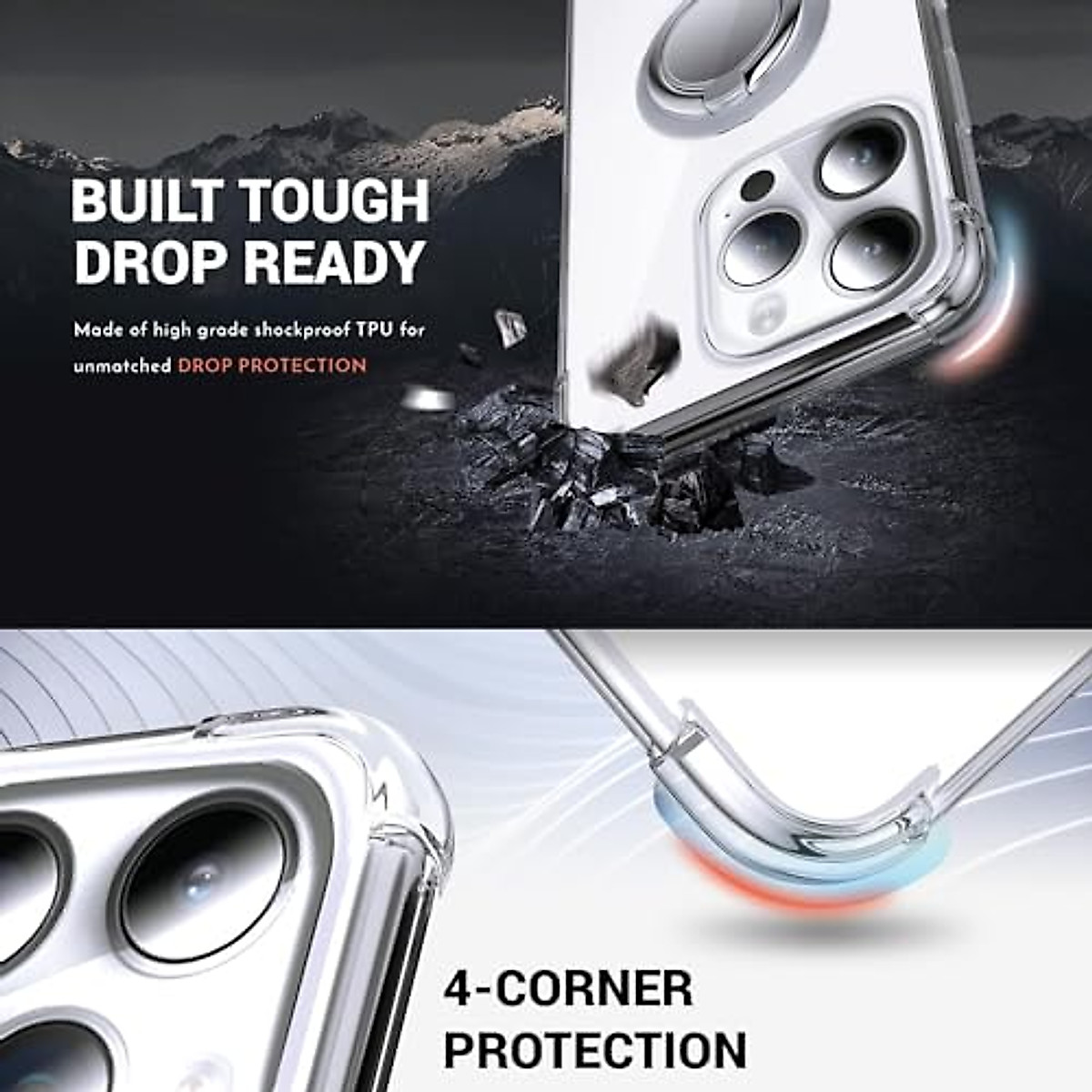 Silverback Crystal Clear for iPhone 14 Pro Case with Ring Stand, Slim Soft TPU Shockproof Protective Phone Case, Shock Absorption Bumper Case for Apple iPhone 14 Pro 6.1 inch