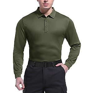 TACVASEN Long Sleeve Shirts for Men Tactical Performance Polo Shirts with Collar Quick Dry Fit Lightweight Work Shirts Workout Golf Army Green S
