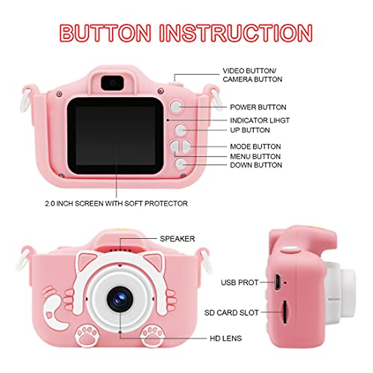 YUE3000 Upgrade Kids cat Camera,Gifts for Boys and Girls of Age 3-9, 1080P HD Digital Video Cameras for Toddler, 20M high -Definition Digital Camera, Suitable for Portable Toys with 32GB SD Card-Pink