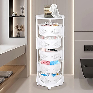 Sippyssy 5-Tier Rotating Storage Shelf with Wheels - Organizer for Fruits and Vegetables,Adjustable Height, White Freestanding Round Rotating Storage Rack for Kitchen,Bathroom Living Room Bedroom