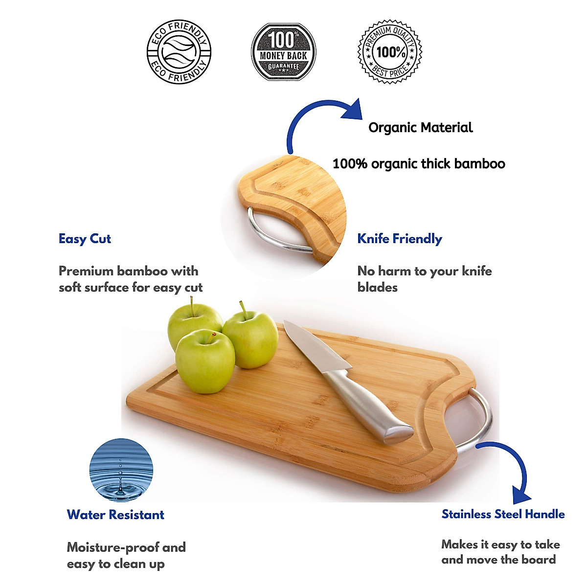 Organic Bamboo Cutting Board with Juice Groove- Best Kitchen Chopping Board for Meat (Butcher Block) Cheese and Vegetables | Anti Microbial Heavy Duty Serving Tray w/Stainless Steel Handles