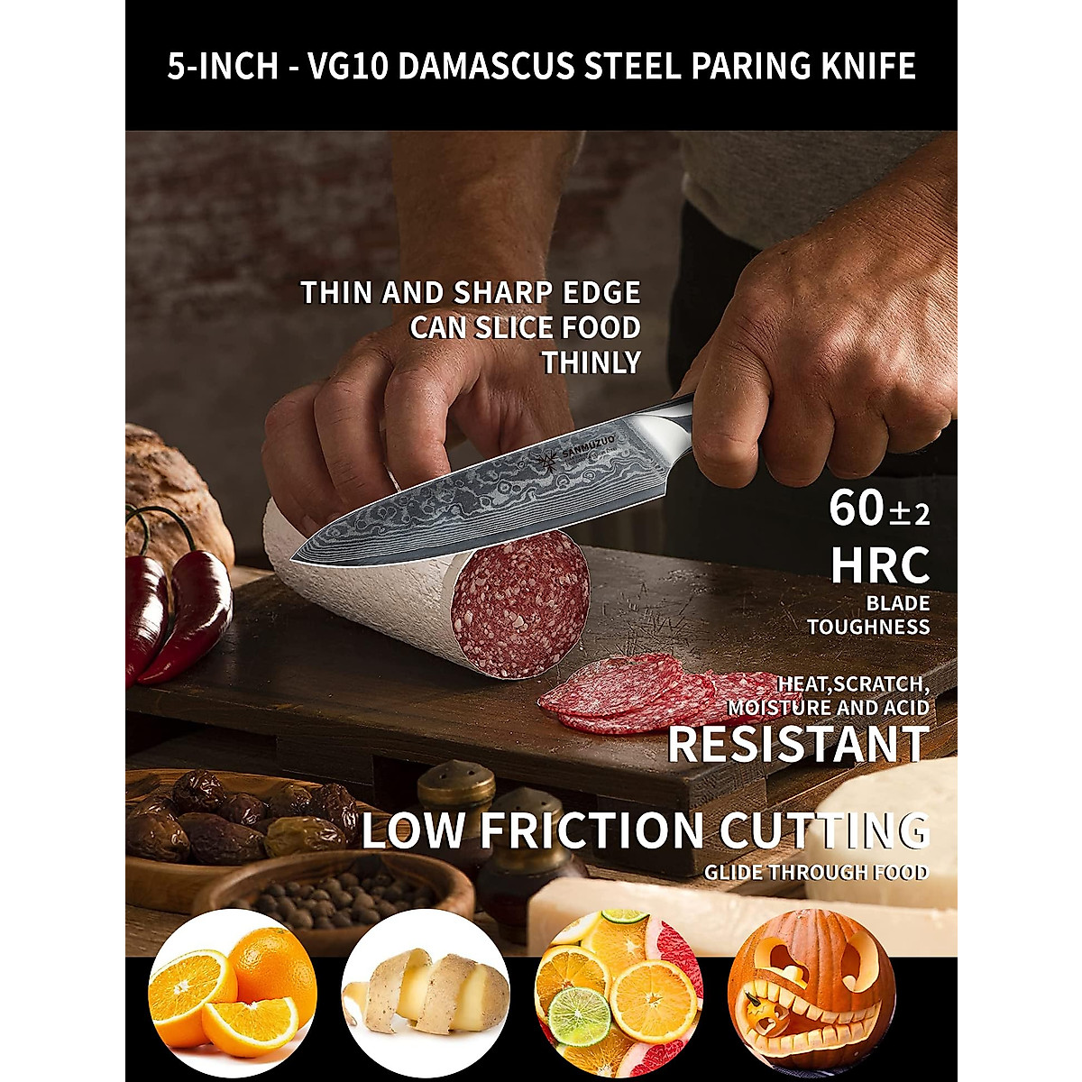 SANMUZUO 5 Inch Kitchen Utility Knife - Xuan Series - VG10 Damascus Steel Kitchen Knives - Resin Handle (Sapphire Blue)