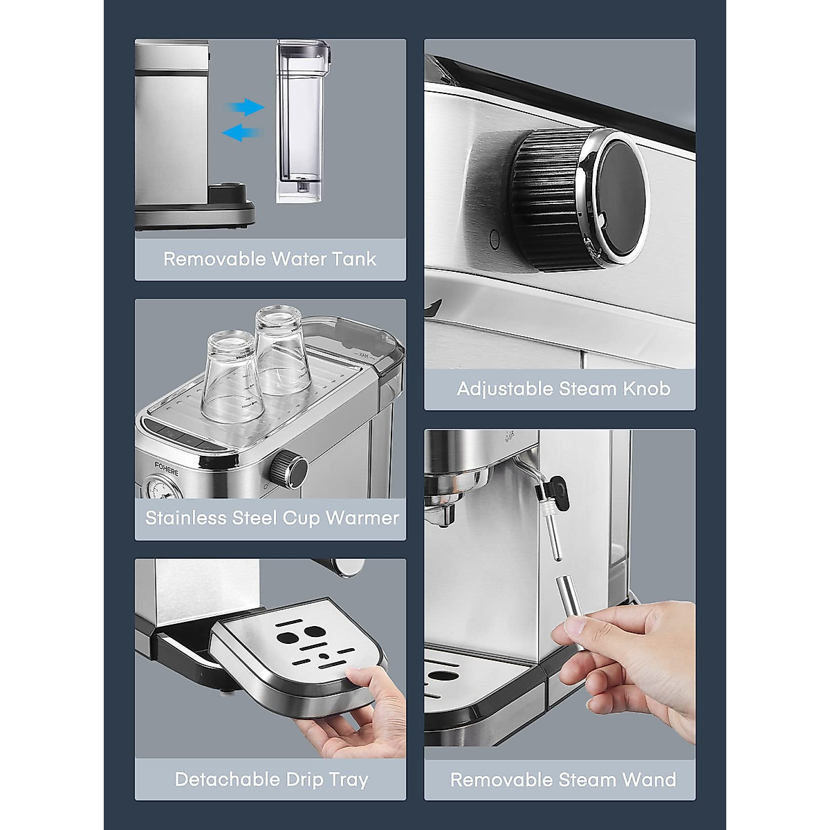 FOHERE Espresso Machine, 15 Bar Espresso and Cappuccino Maker with Milk Frother Steam Wand, Professional Espresso Coffee Machine for Espresso, Cappuccino, Latte and Mocha, Brushed Stainless Steel