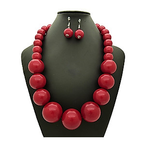 BA UNIQUE FASHION Women's Chunky Large Simulated Pearl Statement Necklace, Bracelet, Earring Set (Barn Red)