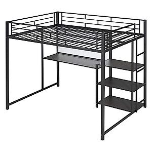 Full Size Loft Bed with Desk and Storage Shelves, Metal Loft Bed Full Size with Whiteboard and 3-Tier Shelves, Full Size Loft Bed for Kids, Teens (Black Full)