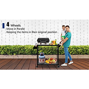 Koutemie Outdoor Grill Cart Table with 4 Wheels for Blackstone 17" or 22", Movable BBQ Food Prep Table Top, Double-Shelf Metal Pizza Oven Worktable with Spice Tray for Patio, Backyard, Black