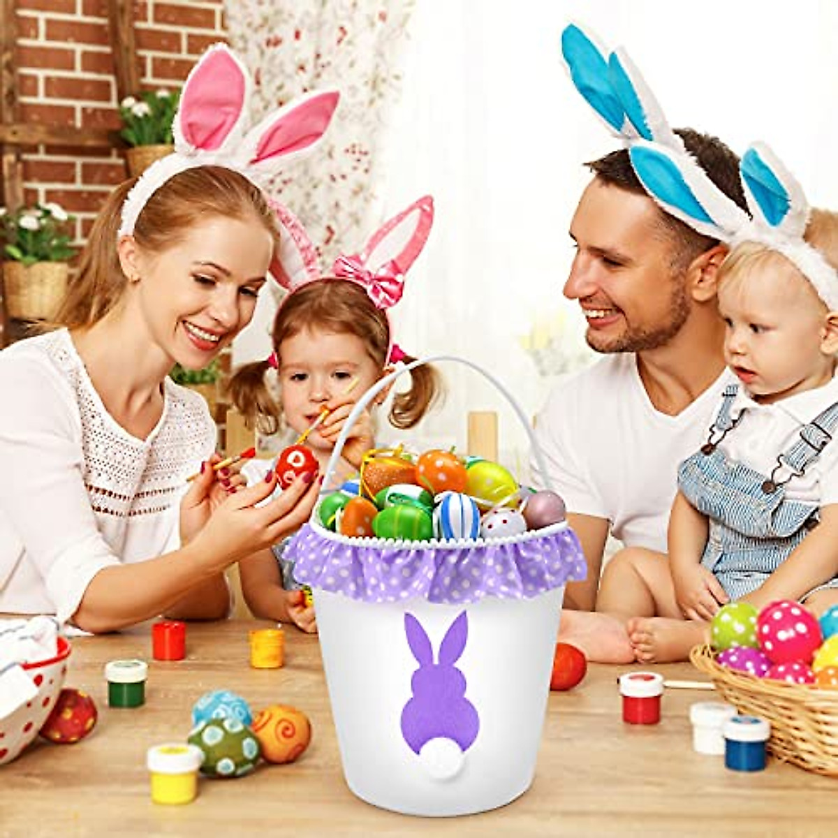 BOMMETER 3 pack Easter Egg Hunt Basket Bags for Kids Bunny Canvas Tote - Cotton Carrying Gift and Eggs Hunt Bag (Purple)