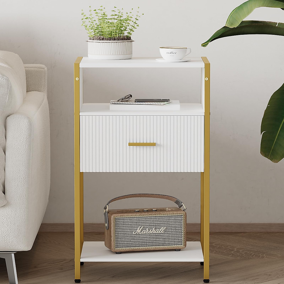 JOONEE White and Gold Nightstand, Modern Side Table with Fluted Drawer, Tall Night Stand with 3 Storage Shelves for Living Room, Bedroom