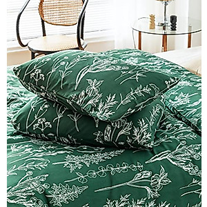 JANZAA Duvet Cover Queen Size,3 Pieces Floral Emerald, Botanical Green Duvet Cover,Microfiber Soft Bedding Set with Zipper Closure 4 Ties (2 Pillow Cases)