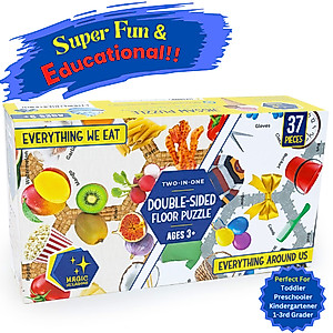 Double-Sided Floor Puzzles for Kids Ages 3-5 4-8, Educational Hexagonal Shapes with Words and Real Images, Learning Activity - 180 Foods and Objects (37 Pcs, 26"x29")