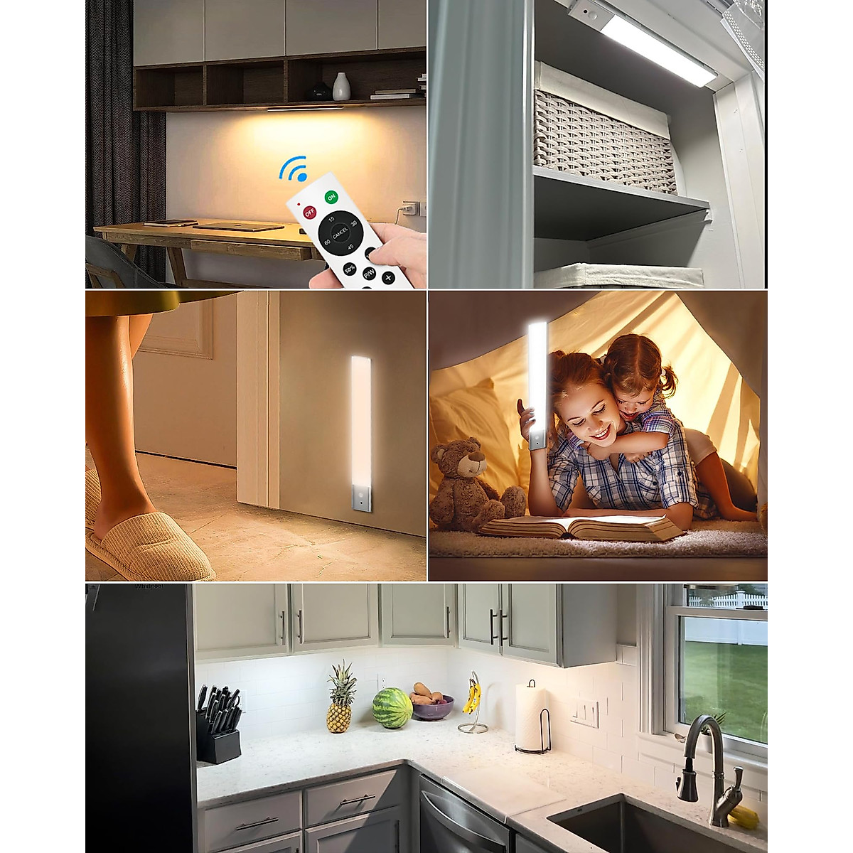 LAJOSO 64 LED Under Cabinet Lights Motion Sensor, 3 Color Kitchen Counter Lighting Wireless, Rechargeable Closet Lights Remote, Dimmable Night Light for Shelf Pantry Stair Hallway 3Pack