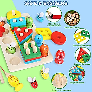 Montessori Toys Magnetic Fishing Toys for Toddler - Kids Wooden Shape Sorting and Stacking Toys - Learning Activities Preschool Educational Montessori Fine Motor Skills Toys Sensory Toys