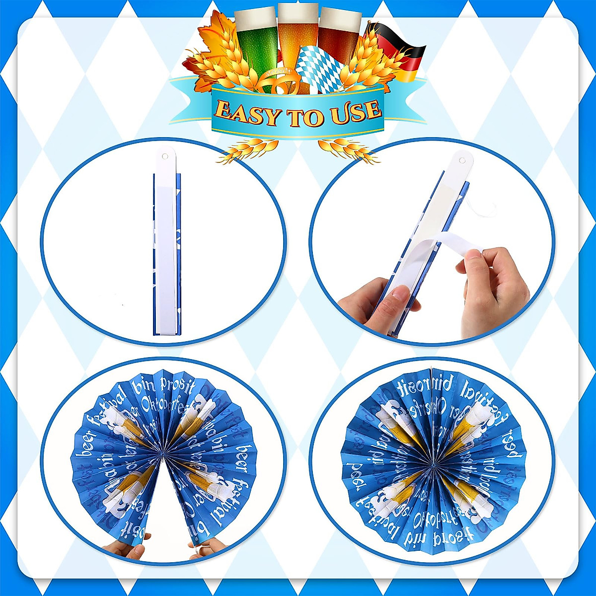 Outus 9 Pcs Oktoberfest Hanging Paper Fans Decorations Bavarian Paper Fans Classroom Decorations German Party Ceiling Wall Garland for Oktoberfest Beer Festival Theme Party Supplies Outdoor Indoor