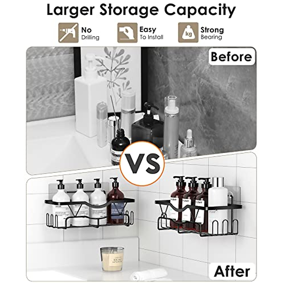 longzon Shower Caddy with 6 Traceless Adhesive, 3 Pack Shower Organizer, No Drilling Stainless Steel Shower Shelf, for Bathroom Suction Cup Storage Rack Shelves Black