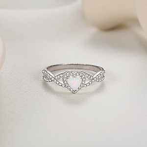 Junikool Opal Ring Dainty Simple Rings for Women Oval Lab Created White Opal & Round Cubic Zirconia Personalized Engraved Custom Name Sterling Silver