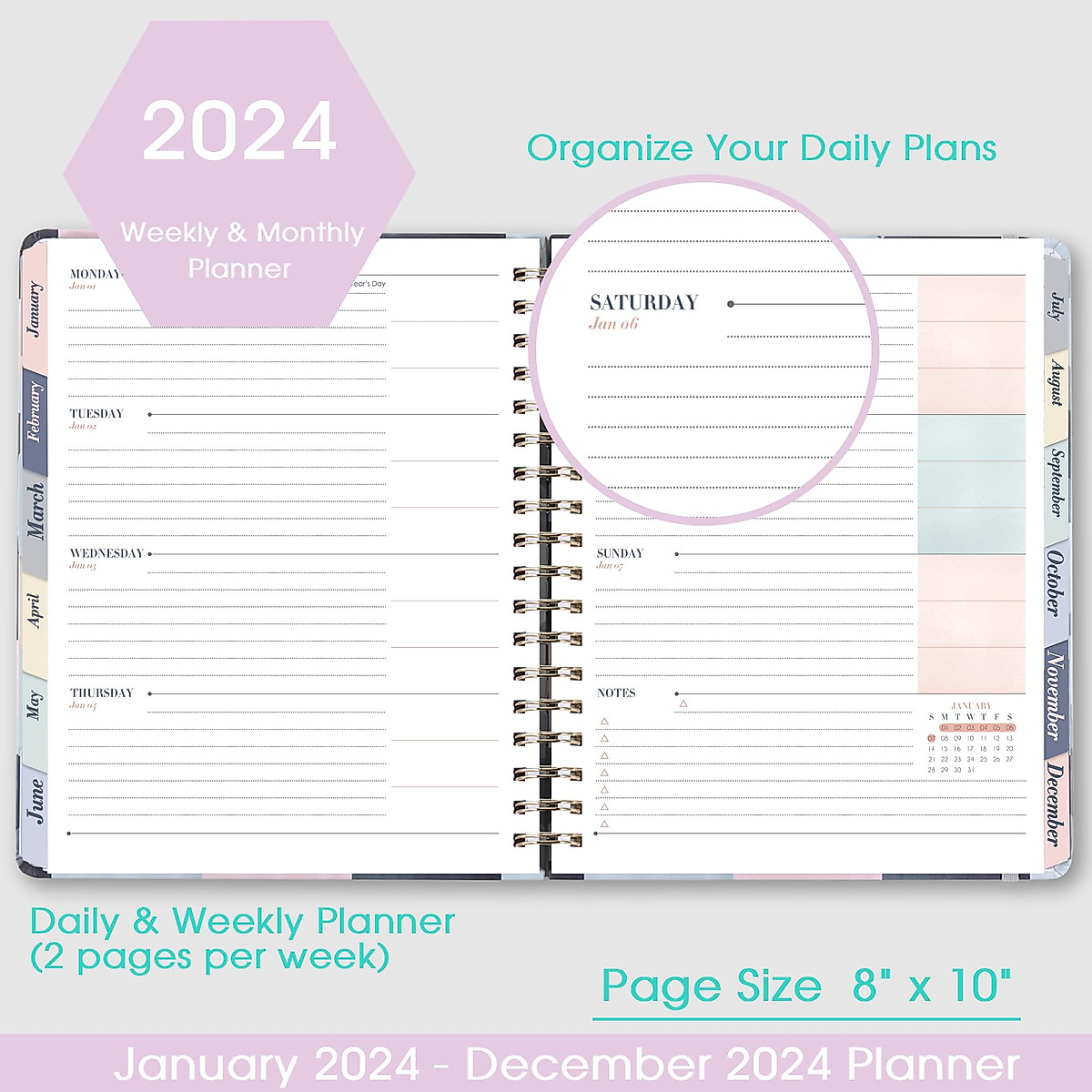 2024 Planner - Weekly & Monthly Planner 2024 with Gift Box, Jan 2024 - Dec 2024, Planner 2024, 8" x 10" Thick Paper, Back Pocket with 15 Notes Pages + 12 Monthly Tabs
