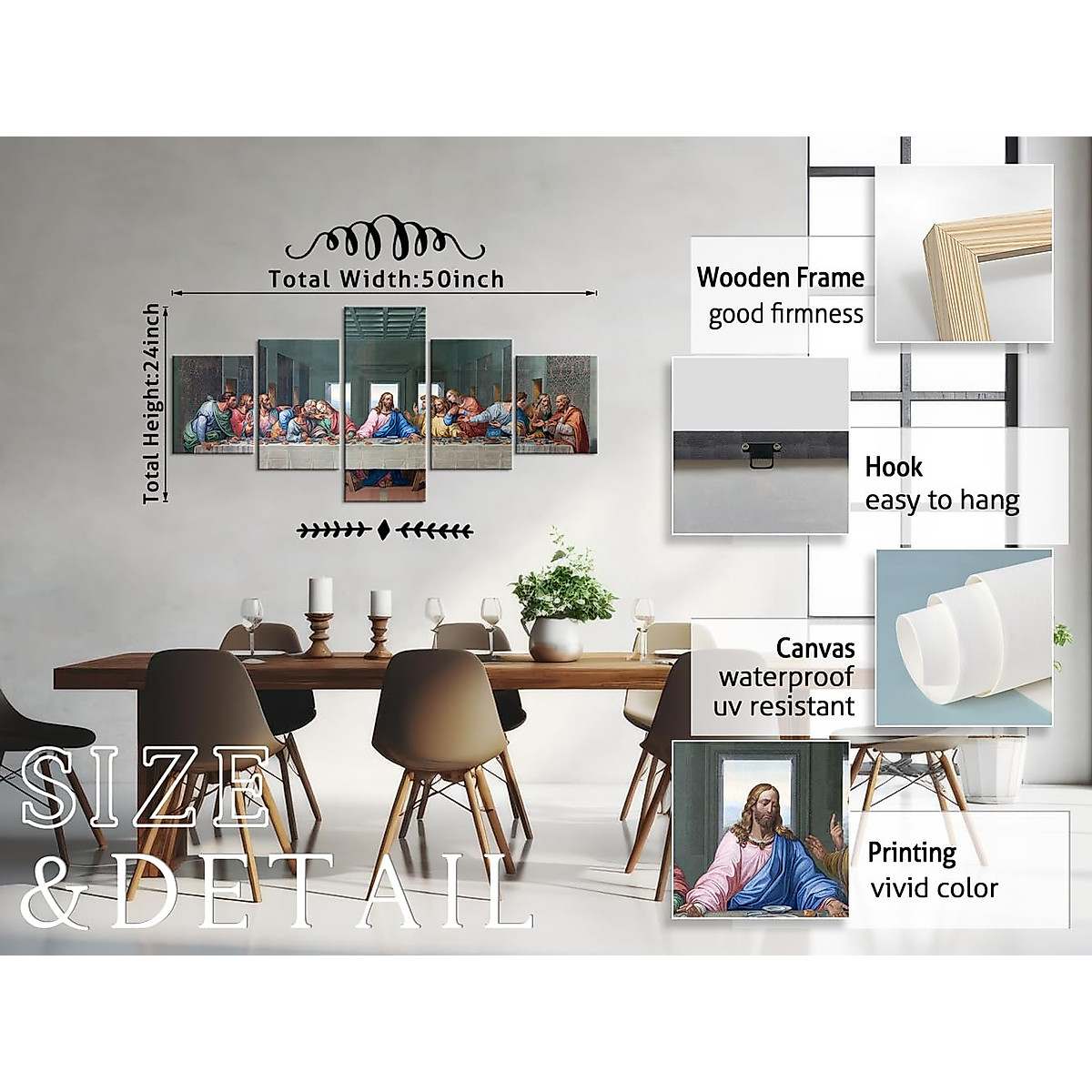 YOUHONG 5 Piece Christian Wall Decor Last Supper Wall Decor Leonardo Da Vinci Wall Art Jesus Pictures for Wall Religious Wall Decor for Dining Room Decor Ready to Hang (50''W x 24''H)