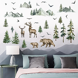 Mountain Wall Decals Large Pine Tree Wall Decals Peel and Stick Forest Tree Deer Birds Animal Wall Decals Mountain Tree Wall Stickers for Kids Room Nursery Decor