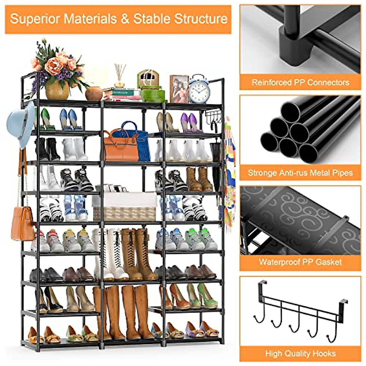 Huolewa Shoe Rack Storage Organizer, 9 Tier Large Shoes Rack for Entryway Closet Garage, Free Standing Tall Shoe Shelf Stand, Sturdy Big Metal Shoe Rack for 50-55 Pair Shoe Boot